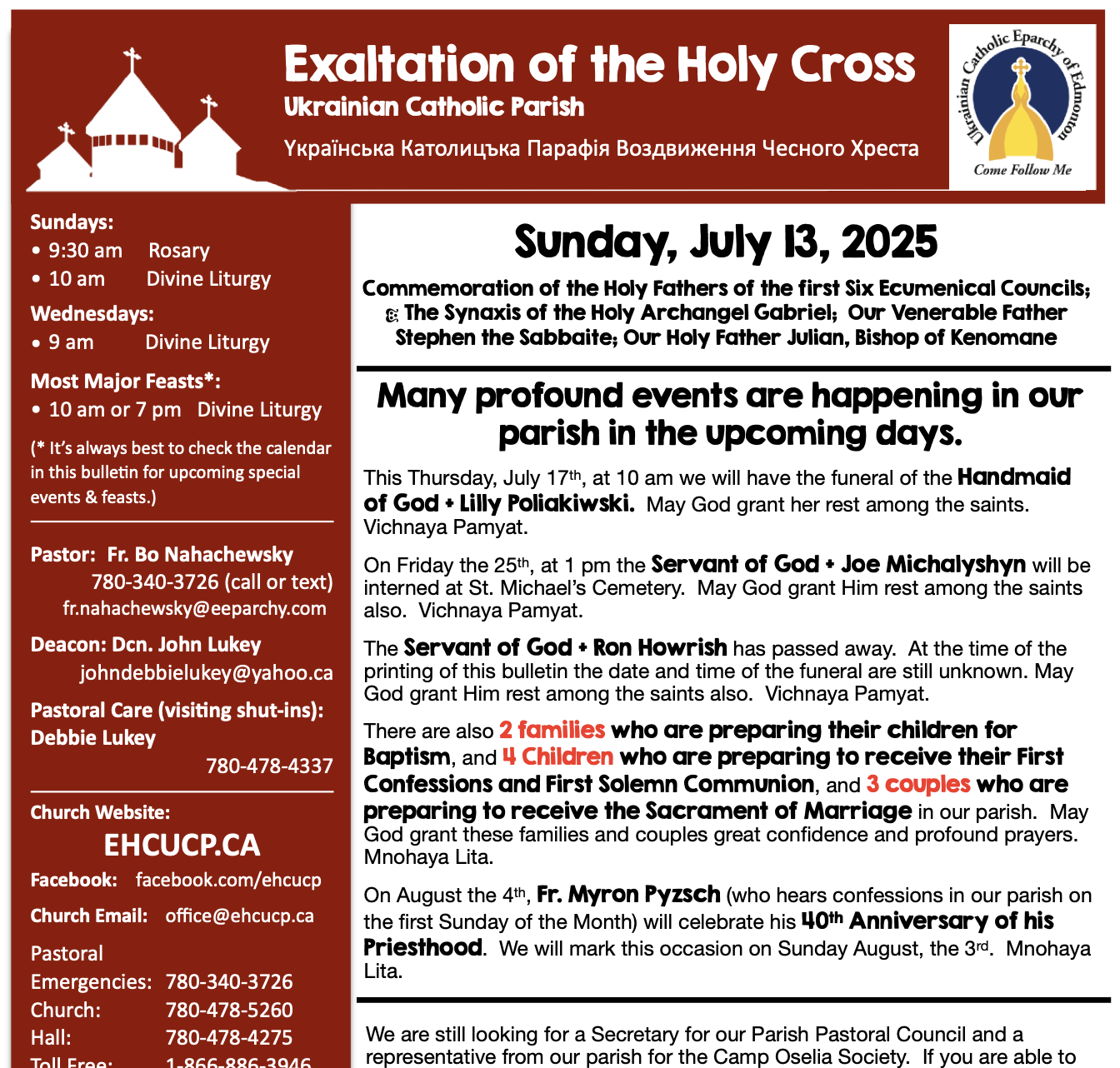 Bulletin for July 13, 2025 – Exaltation of the Holy Cross Ukrainian ...